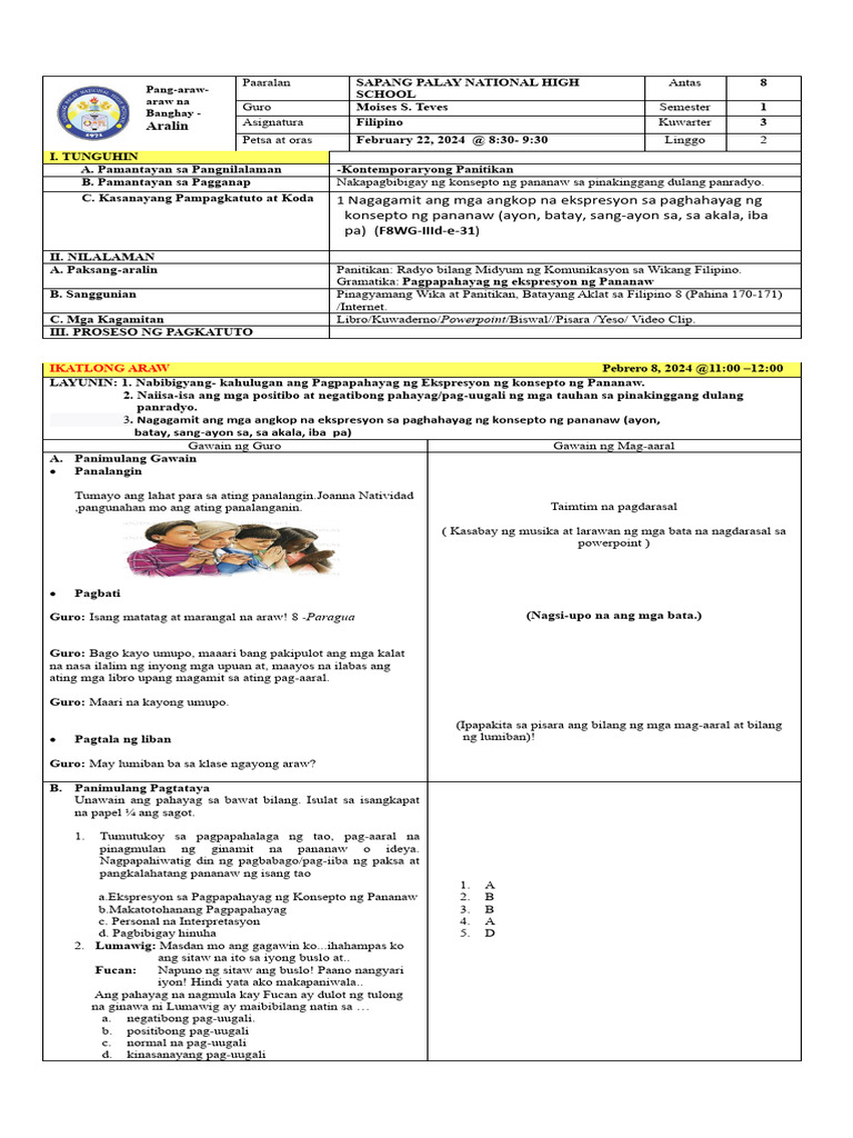 Ekspresyon NG Pagpapahayag Daily For COT DLP Sample | PDF