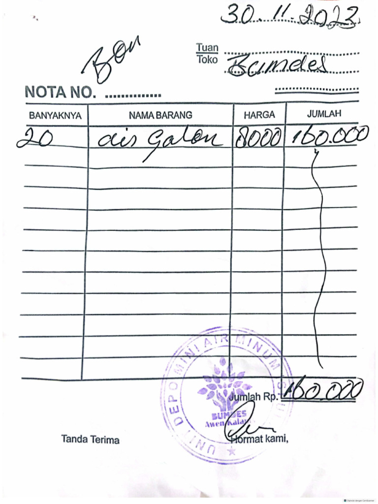 Nota Belanja Galon 30-09 Desember 2023 | PDF