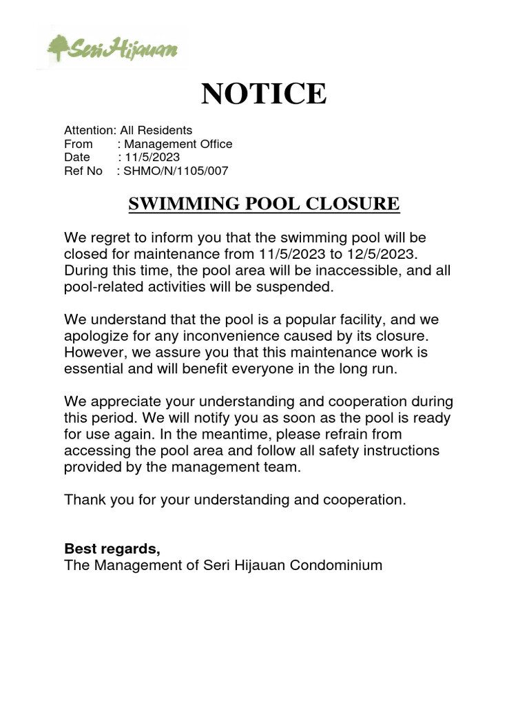 Swimming Pool Closure | PDF | Home & Garden | Technology & Engineering