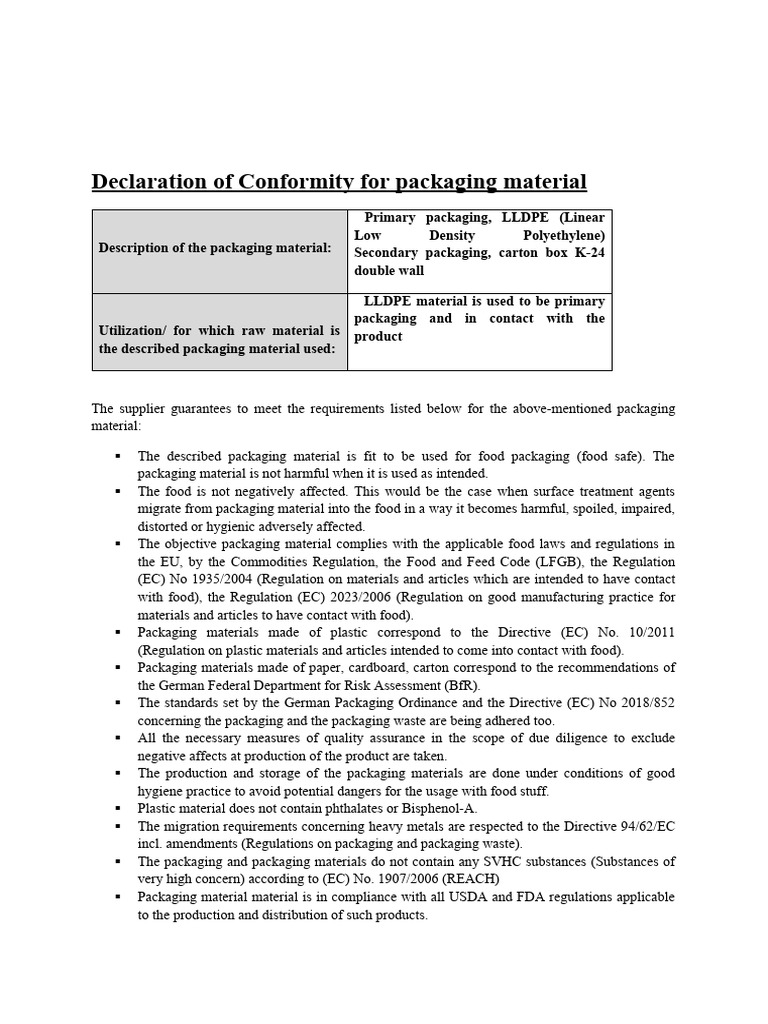 Declaration of Conformity For Packaging Material | PDF | Packaging And ...
