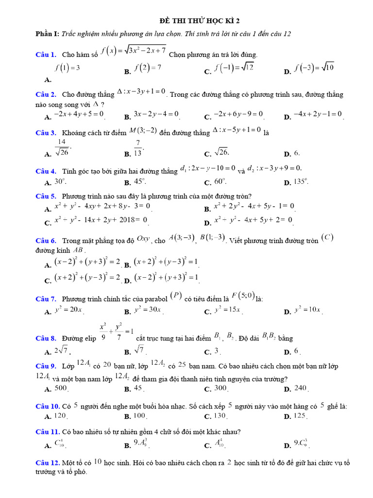 Đề thi thử khối 10 - HK2 | PDF