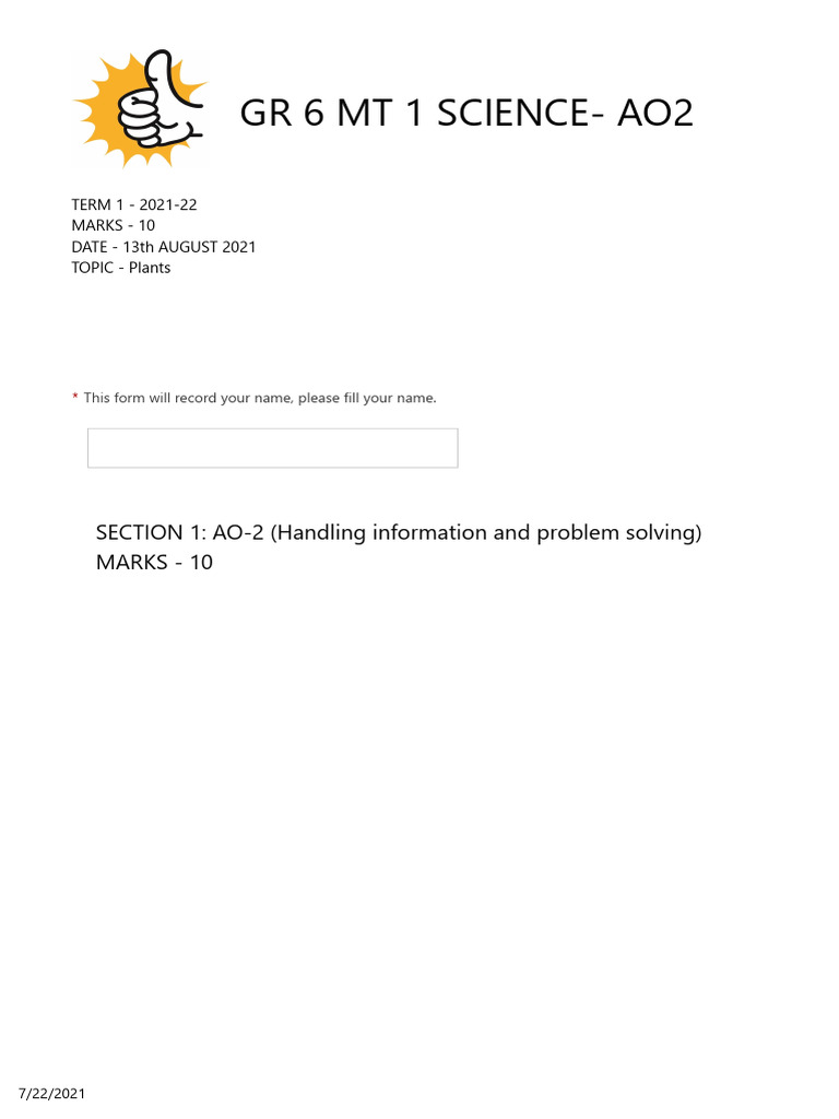 GR 6 MT 1 SCIENCE - AO2 (Preview) Microsoft Forms | PDF