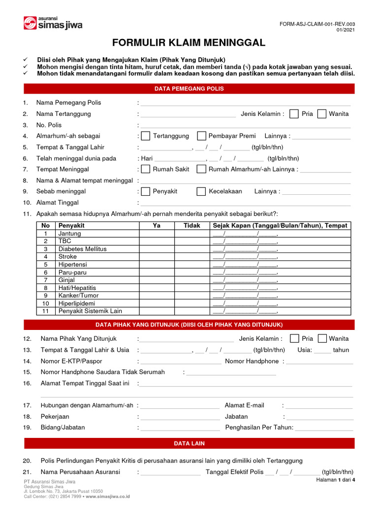 SIMAS JIWA Formulir Klaim Meninggal | PDF