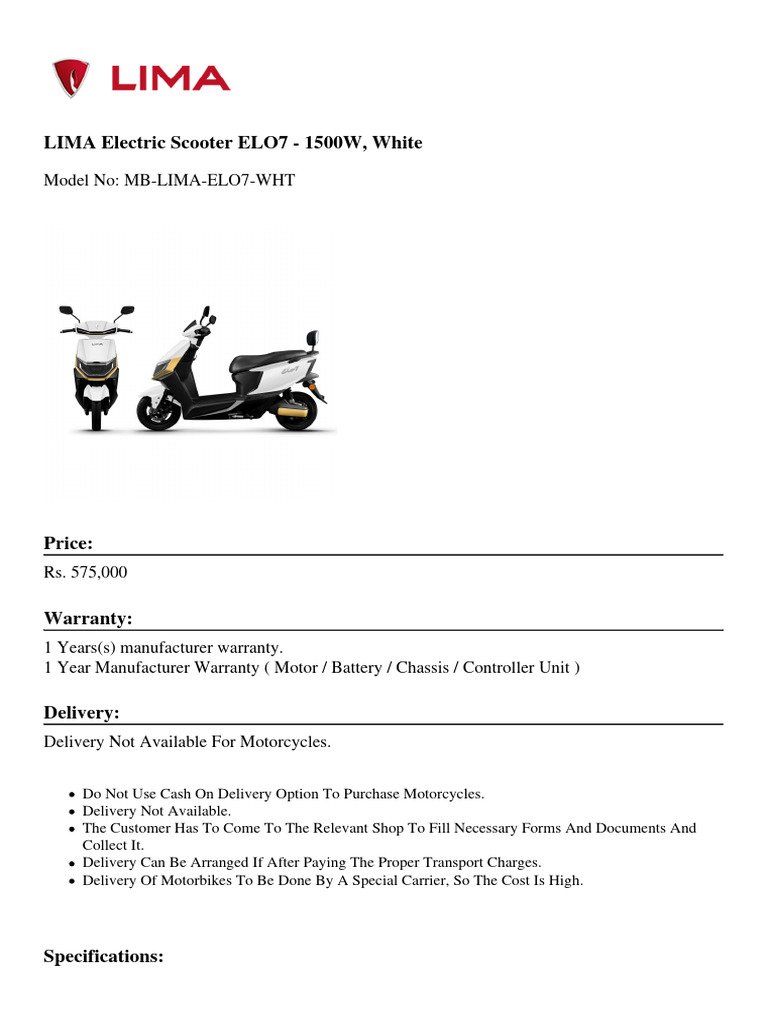 LIMA Electric Scooter ELO7 Overview | PDF