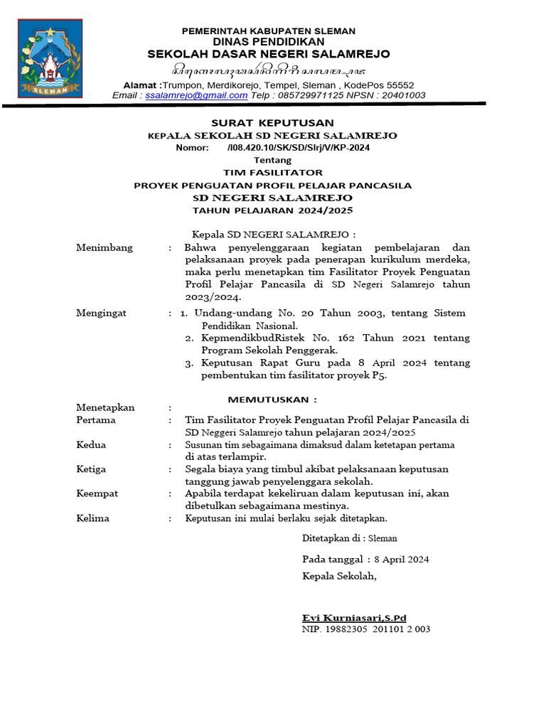 SK Fasilitator Proyek P5 TP 2023-2024 | PDF