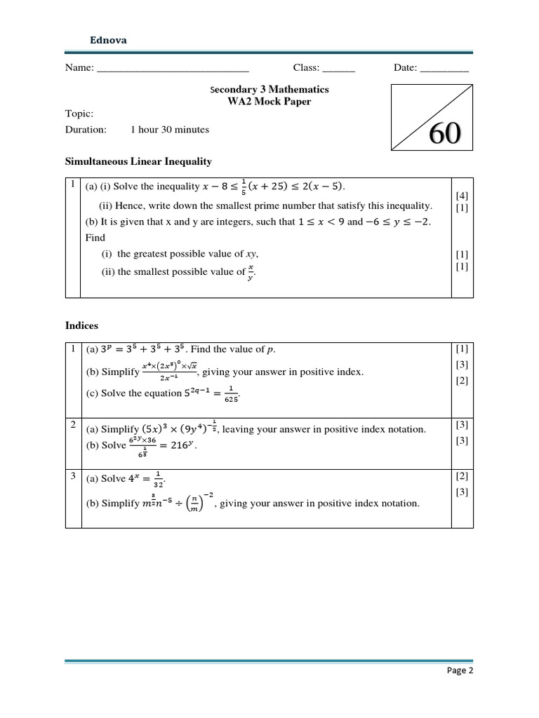 Sec 3 E Math Mock Exam WA2 2024 | PDF | Mathematics | Algebra