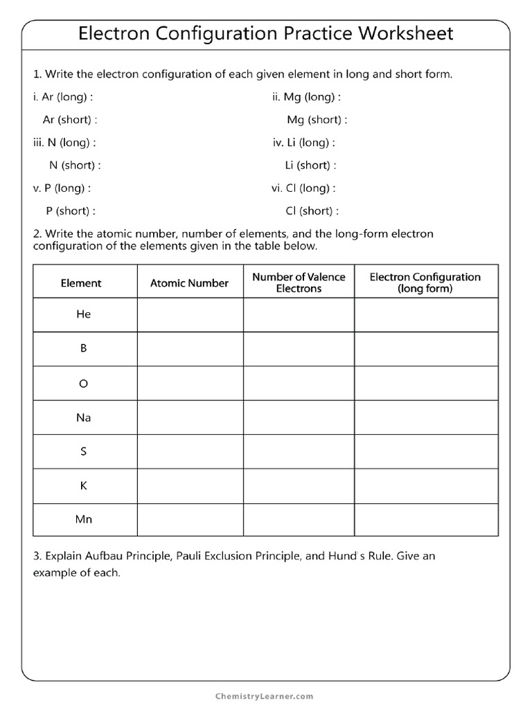 Electron Configuration Practice Chemistry Worksheet Answers Pdf
