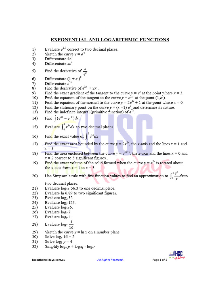 Exponential & Logarithmic Calculus Tasks | PDF | Tangent | Derivative