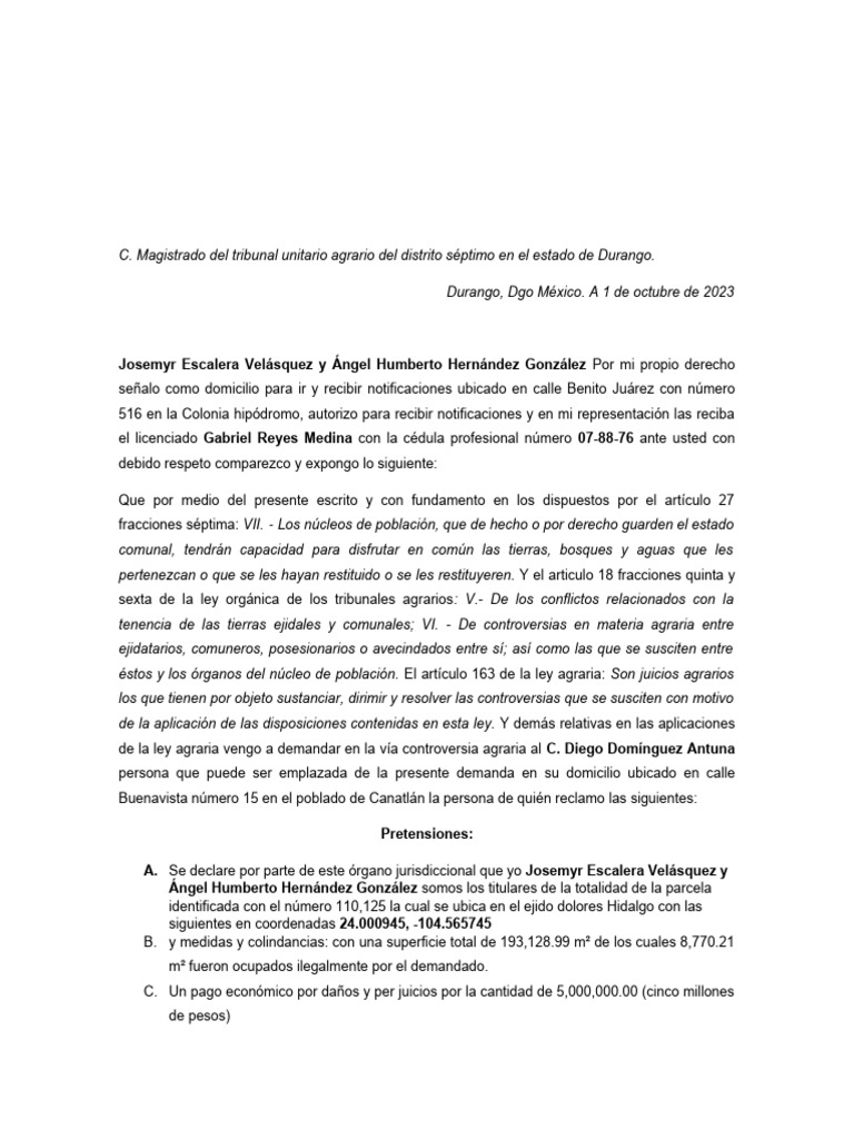 Demanda Agraria por Invasión de Parcela | PDF | Gobierno | Justicia
