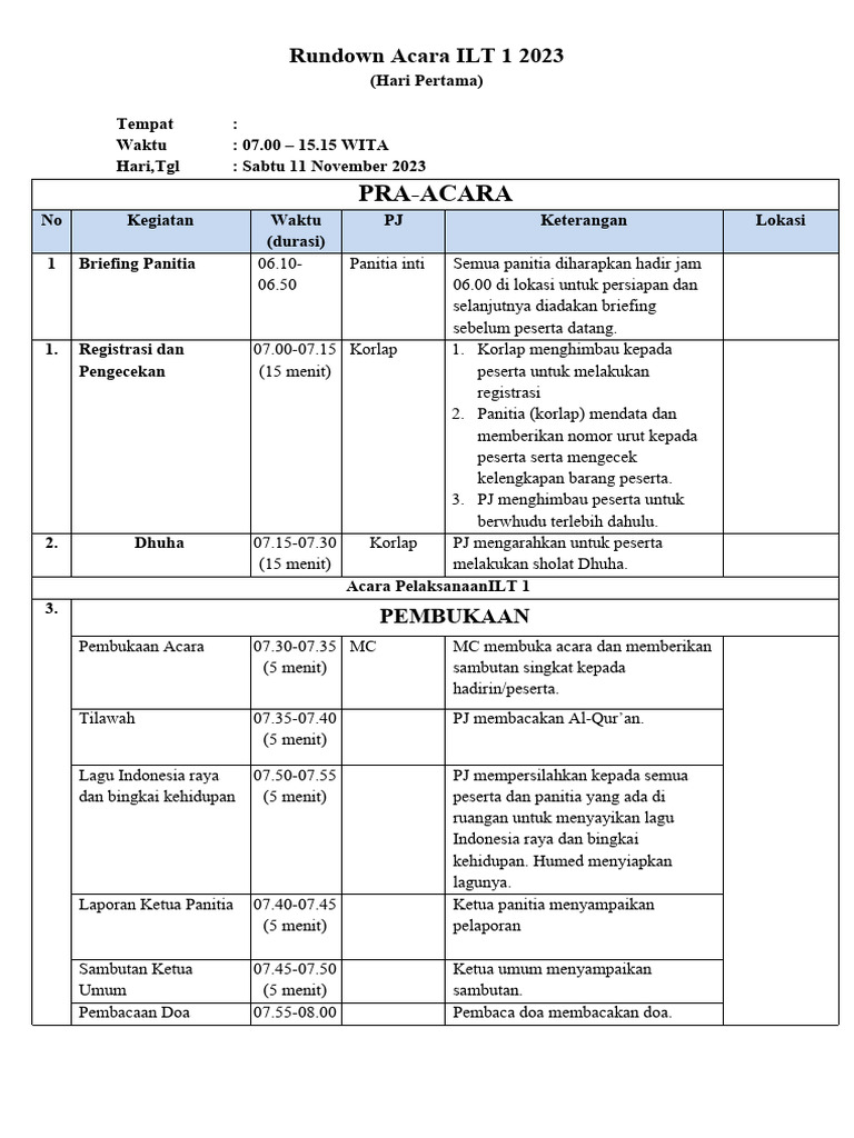 Rundown Acara ILT 1 2023 | PDF