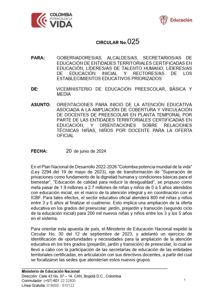 Circular 025 Del 20 de Junio de 2024 | PDF | Educación de la primera infancia | Juventud