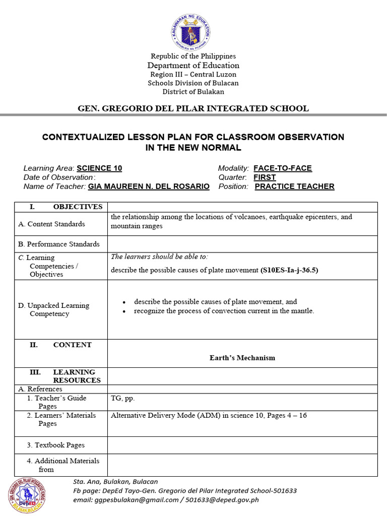 Detailed Lesson Plan - Earth Mechanism | PDF | Plate Tectonics ...