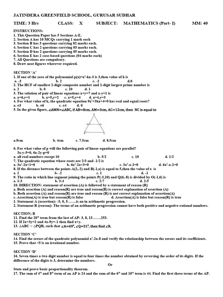 Class 10 QP | PDF | Numbers | Equations