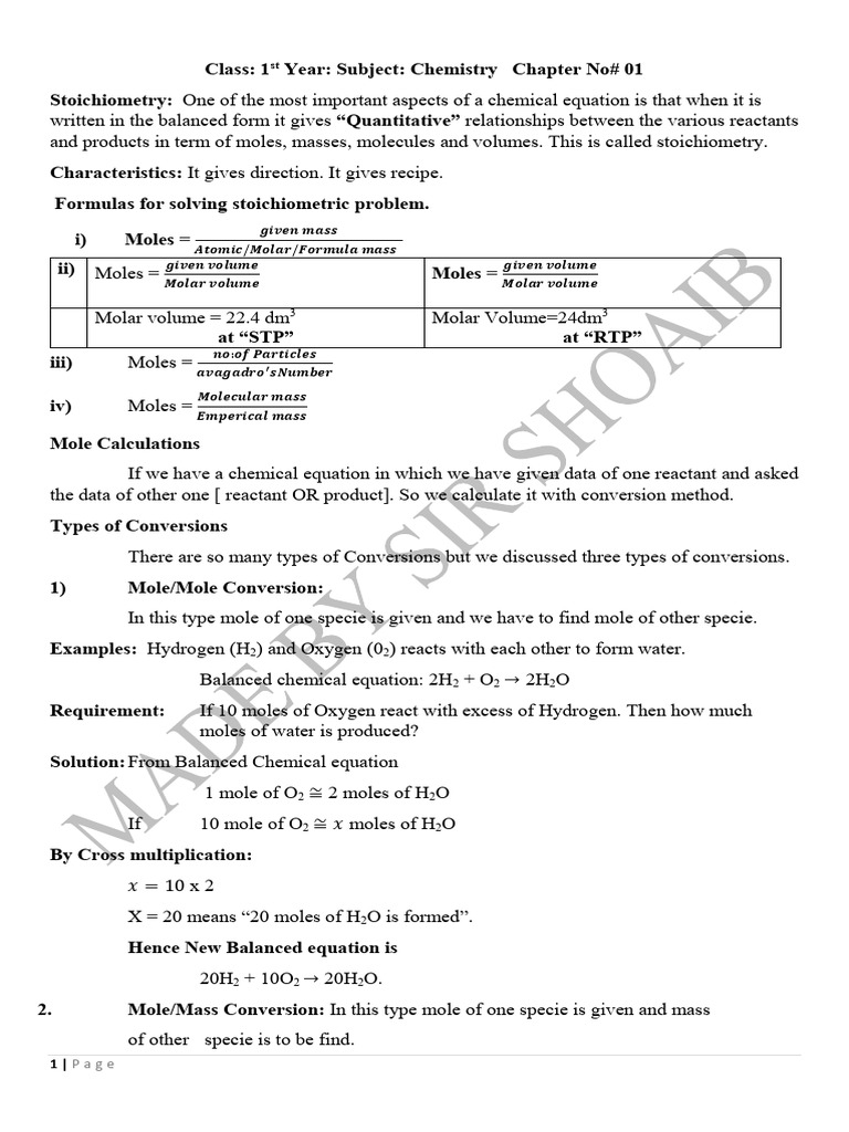 Chemistry Chapter No 1 Class 1st Year Notes | PDF | Stoichiometry ...