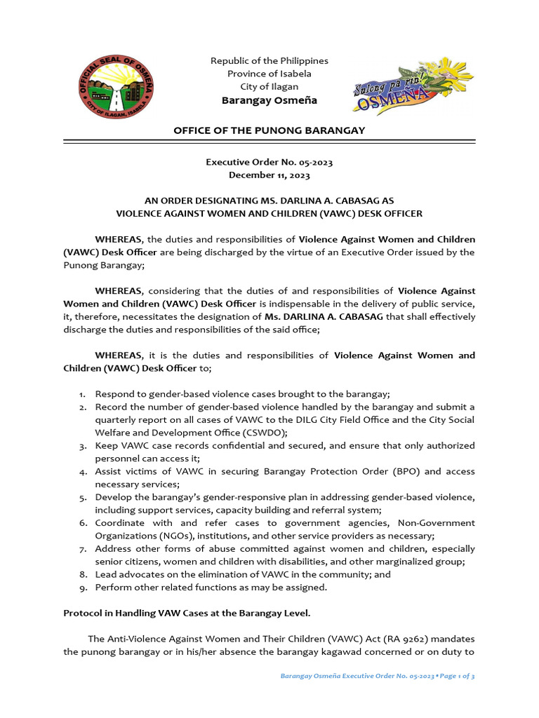 Eo 5-2023 (Vawc Desk Officer Darlina) | PDF | Mediation | Justice