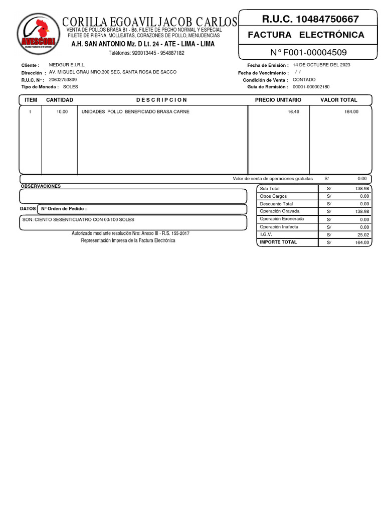 Factura Electrónica de Venta de Pollos | PDF