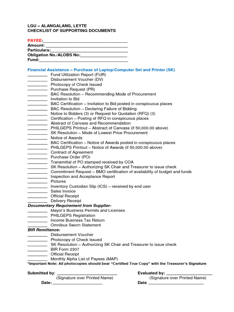 Alangalang Leyte Document Checklist | PDF | Receipt | Procurement