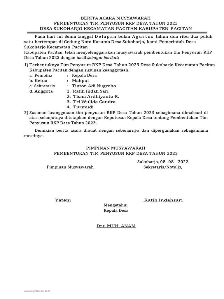 Format Lampiran Penyusunan Rkpdes | PDF