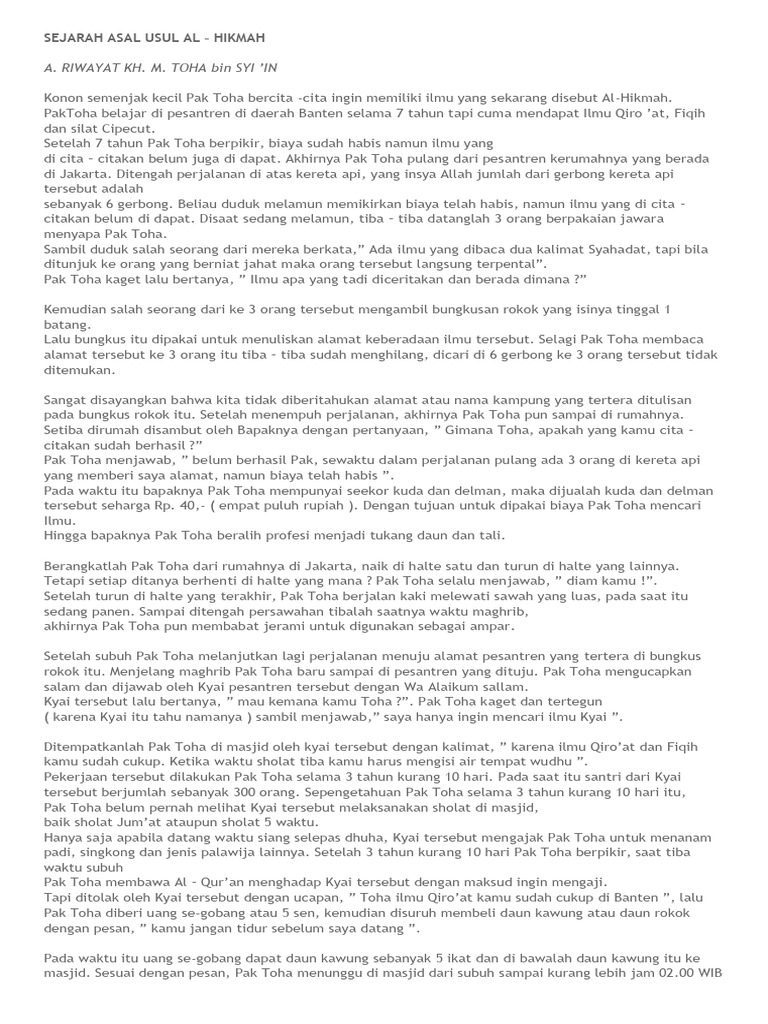 Sejarah Asal Usul Al Hikmah Abah Toha | PDF