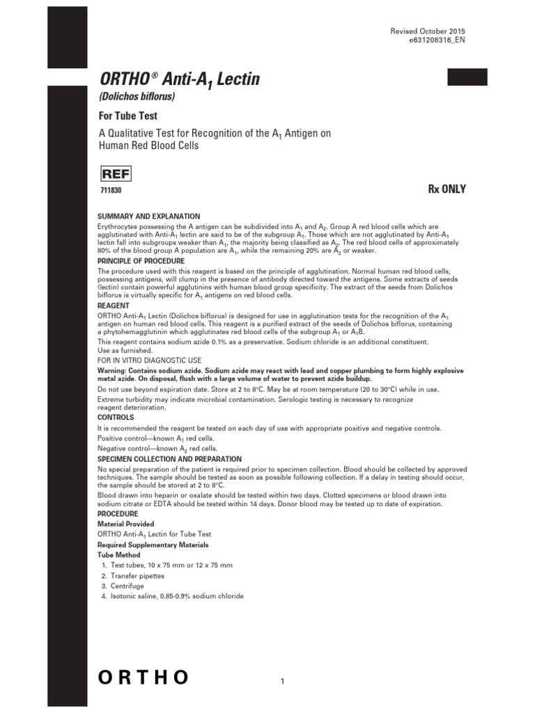Ortho Diagnostics Anti-A1-Lectin | PDF | Blood Type | Medical Specialties