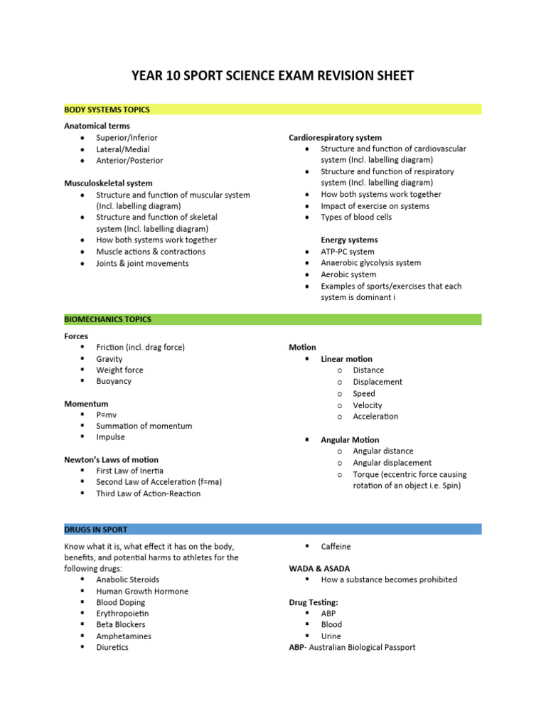 Year 10 Sport Science Exam Revision Guide 2024 | PDF | Force | Newton's ...