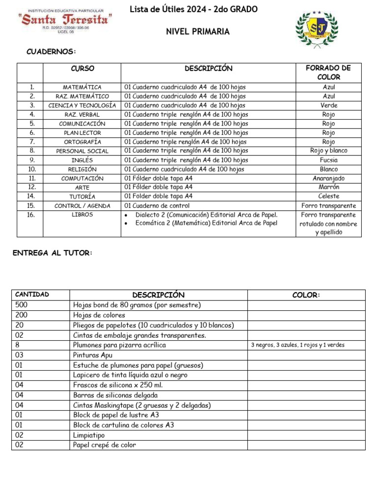 Lista de Útiles 2do Grado 2024 | PDF | Cuaderno | Color