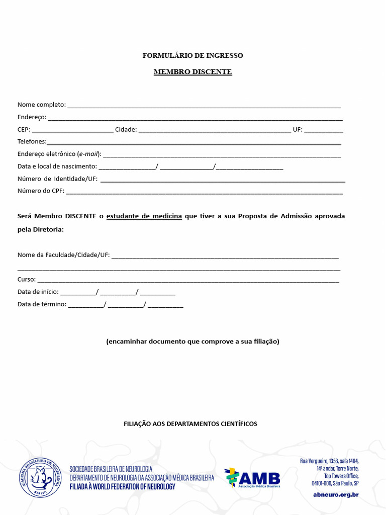 Formulário de Ingresso Membro Discente | Download grátis PDF | Doenças ...