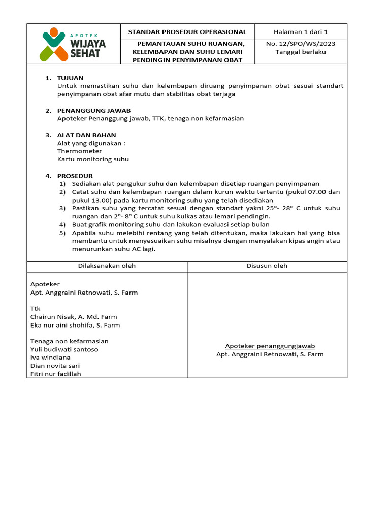 12 SOP Pemantauan Suhu Ruangan Dan Lemari Pendingin | PDF
