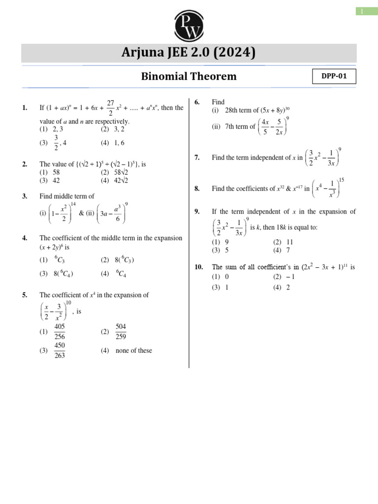 Binomial Theorem: DPP 1 (Of Lec 02) - Arjuna JEE 2.0 2024 | PDF | Complex Analysis ...