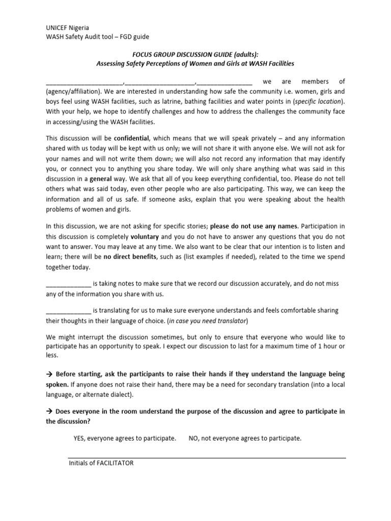 UNICEF-WASH-Safety-Audit-FGD-guide-adult | PDF | Wash