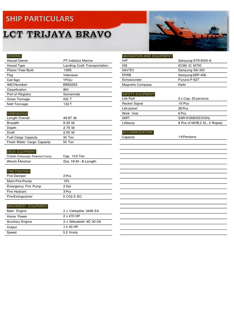 Ship Particular - LCT Trijaya Bravo | PDF
