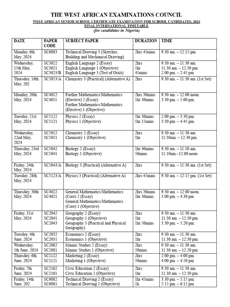 Extracted Waec Time Table 2024 | PDF Extracted Waec Time Table 2024 | PDF