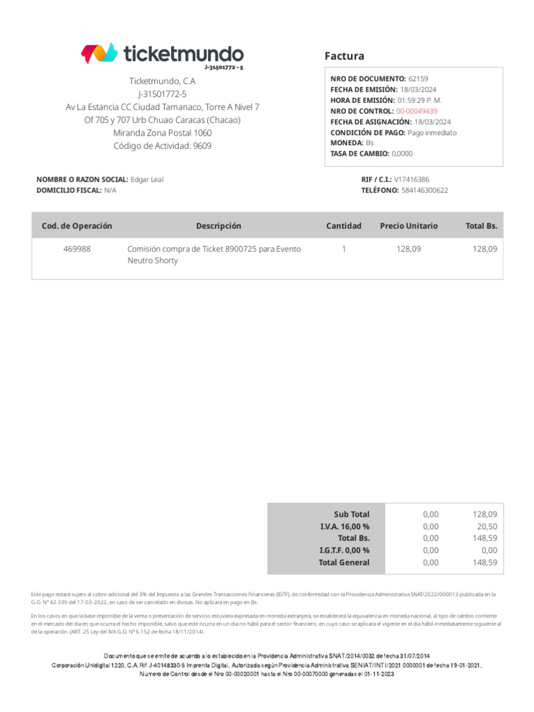 Factura de Ticketmundo para Evento Neutro Shorty | PDF | Mercado ...