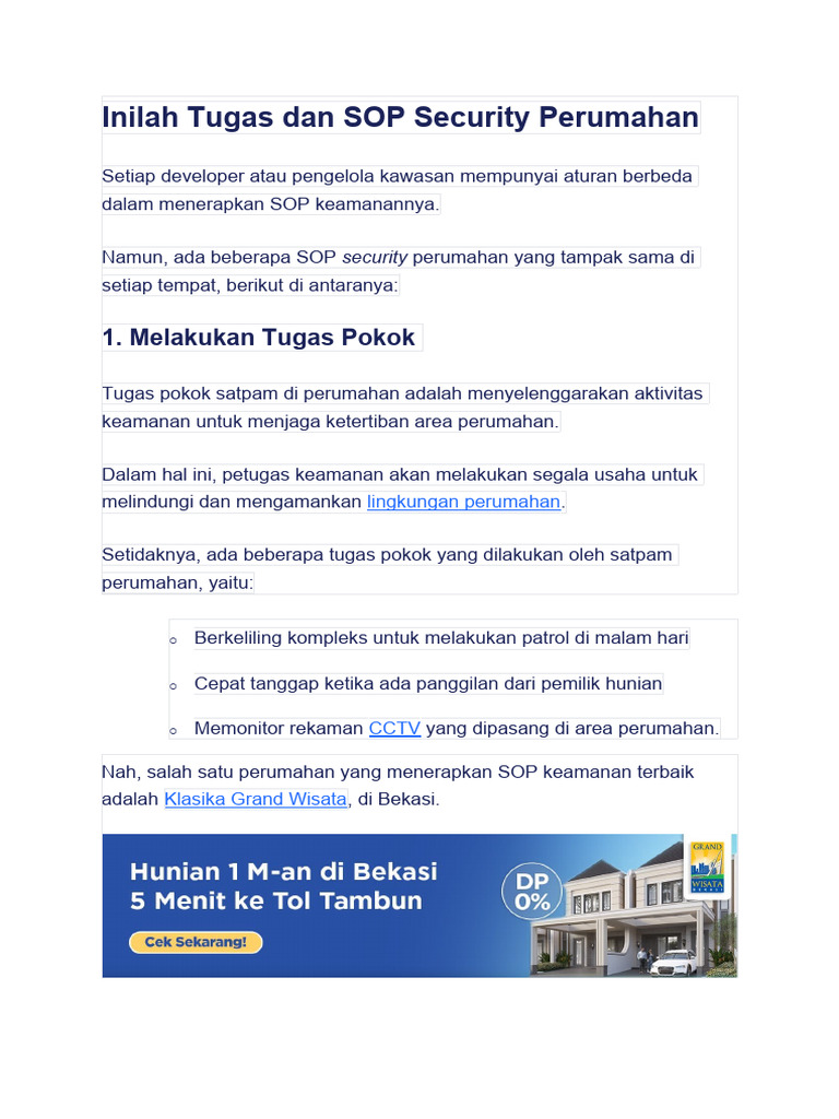 Inilah Tugas Dan SOP Security Perumahan | PDF