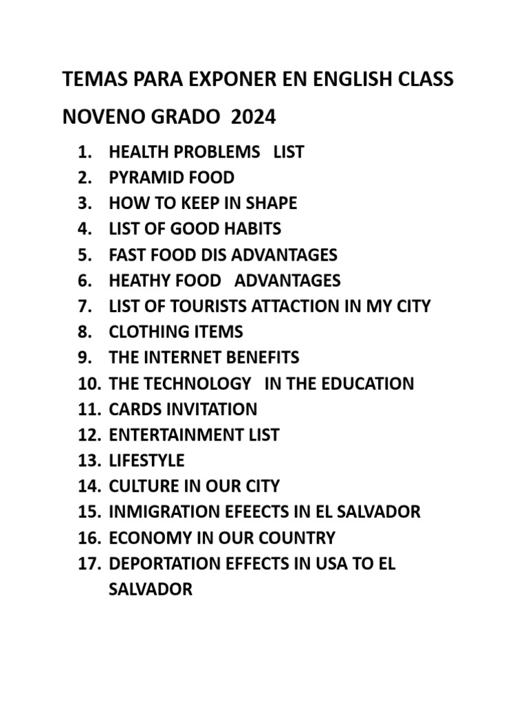 Topics for 9th Grade English Class | PDF