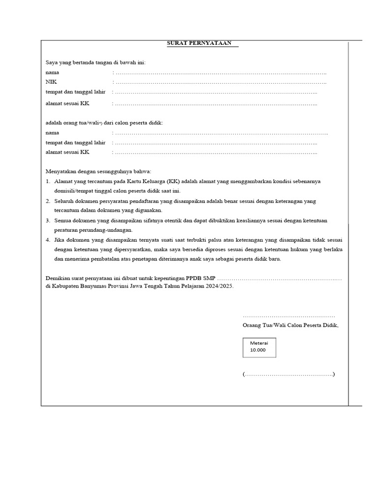 SURAT PERNYATAAN PPDB 24-25 | PDF