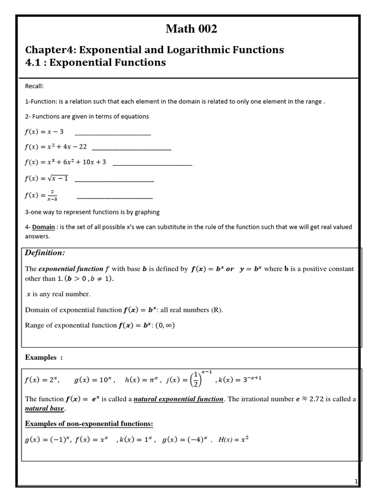 Math 002: Chapter4: Exponential and Logarithmic Functions 4.1: Exponential Functions | PDF ...