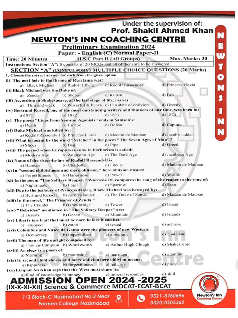 Xii - English Newton Inn Prelium 2024 | PDF