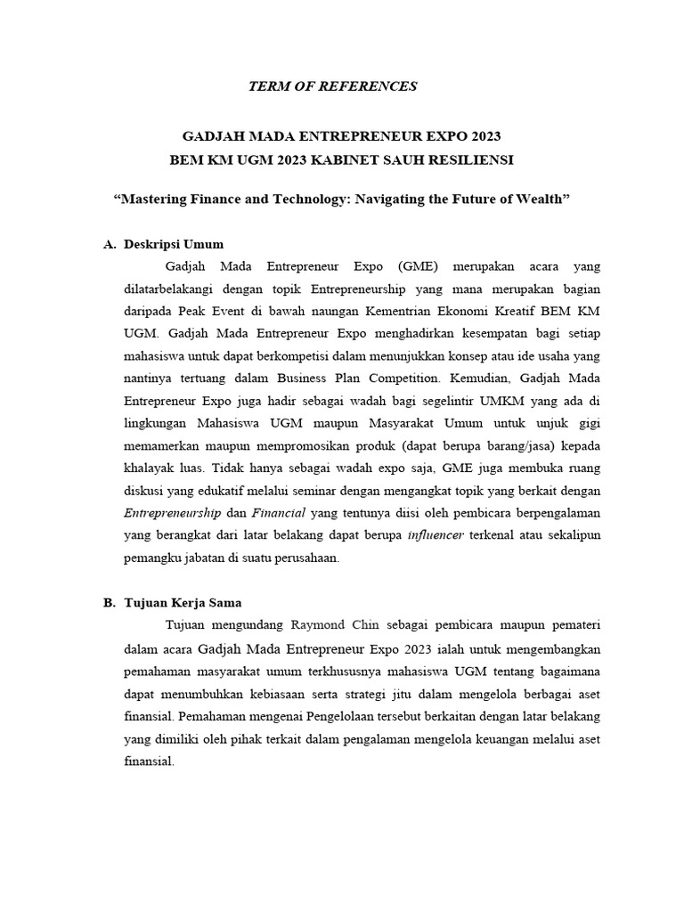 ToR Pembicara Raymond Chin | PDF