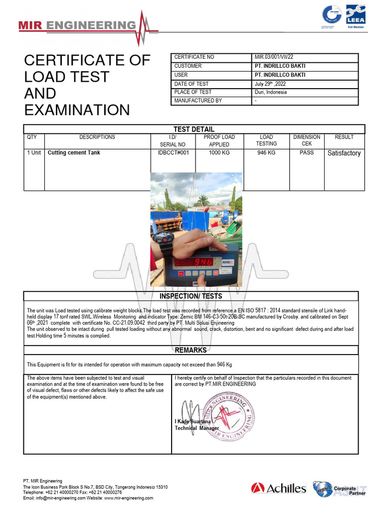 CERTIFICATE OF LOAD TEST CUTING TANK PT IDB | PDF