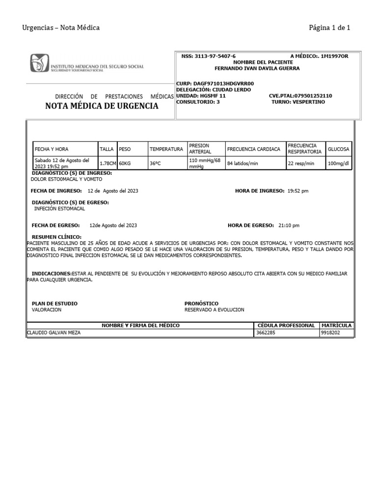 Nota Medica Imss | PDF | Medicina CLINICA | Enfermedades y trastornos