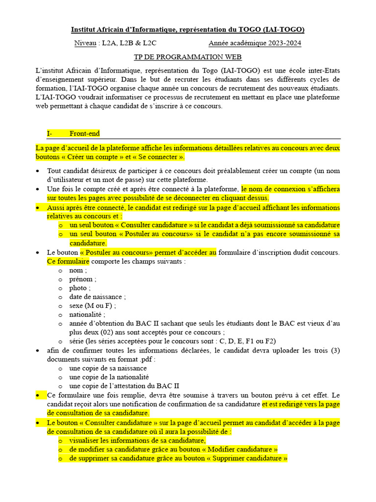 TP Programmation Web 2023-2024 - Synthèse | PDF | Informatique | Informatique
