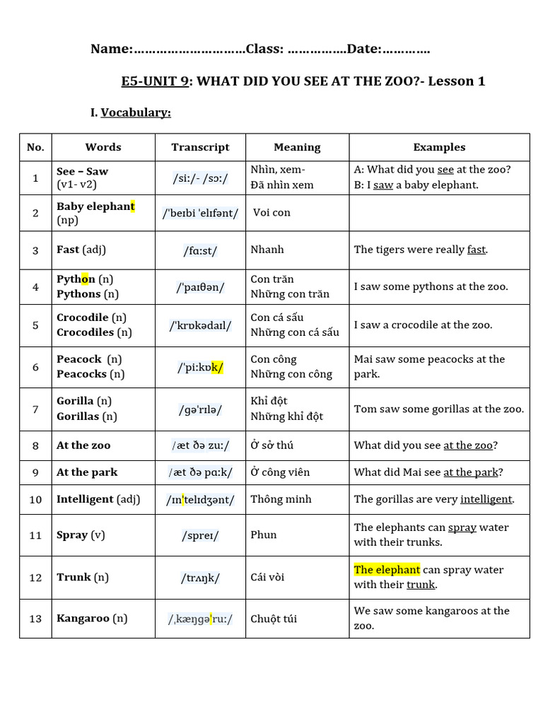 Unit 9 Lesson 1 | PDF | Zoology | Animals And Humans