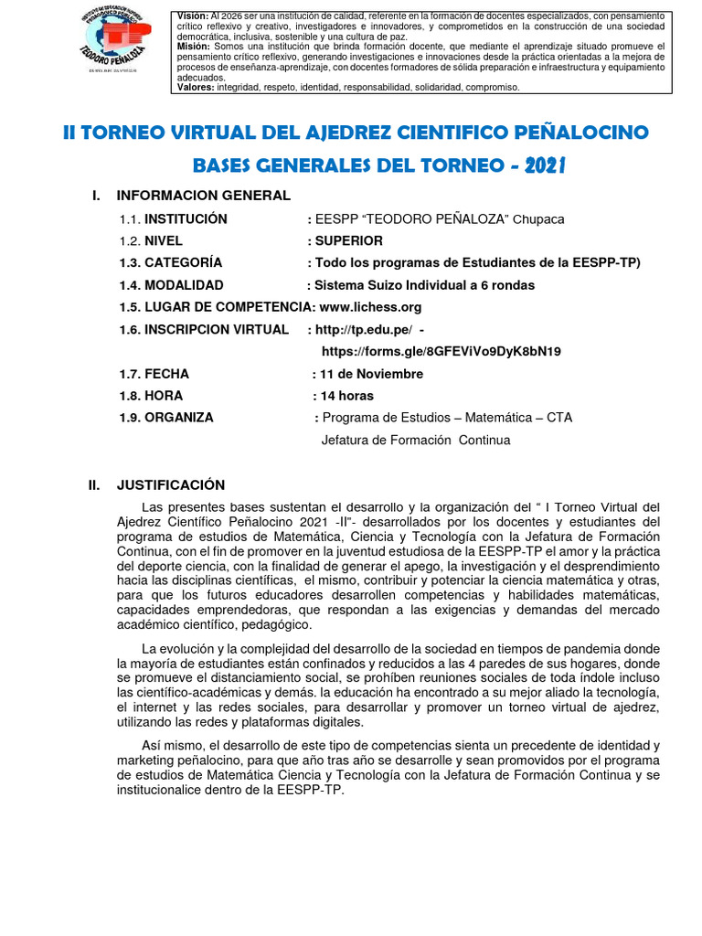 Bases Torneo Virtual - Ajedrez Peñalocino 2021 | PDF | Enseñando | Maestros