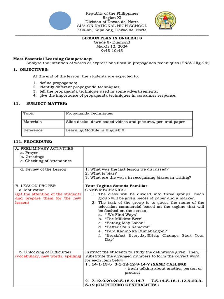 LESSON-PLAN-IN-PROPAGANDA-TECHNIQUES | PDF | Propaganda | Advertising