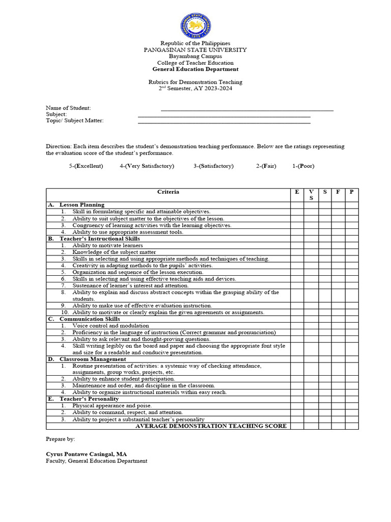 Rubrics for Demo Teaching Evaluation | PDF | Teachers | Learning