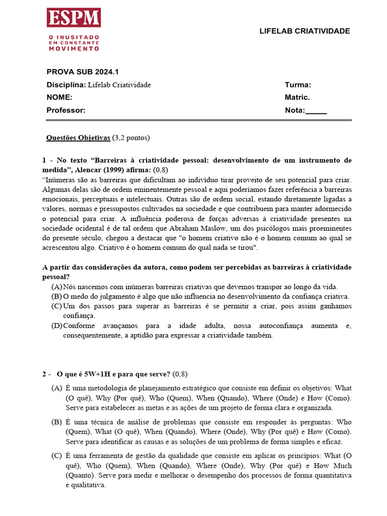 Prova SUB Criatividade | PDF | Debate | Criatividade