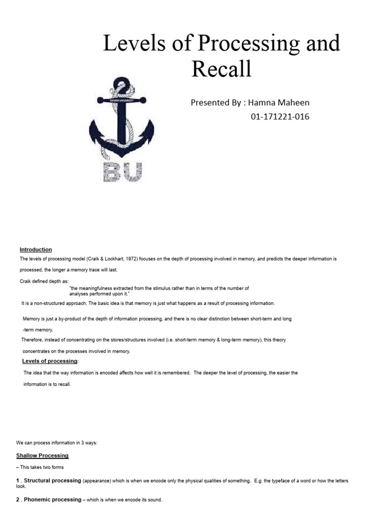 Level of Processing and Recall | PDF | Memory | Recall (Memory)