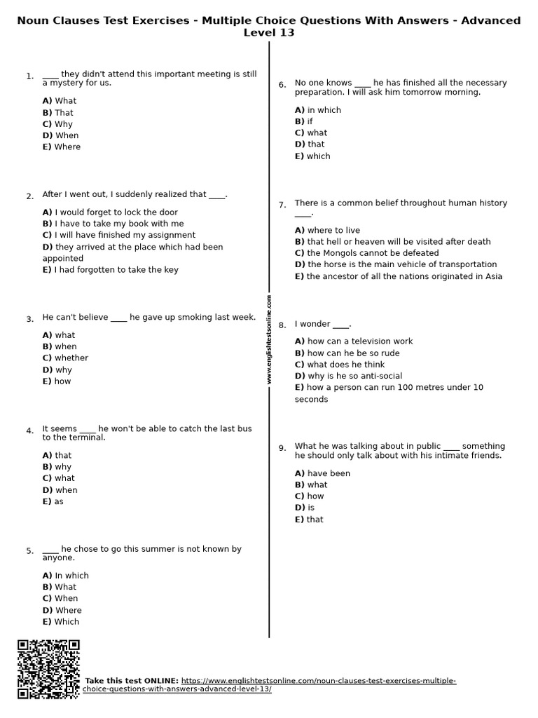 512 - Noun Clauses Test Exercises Multiple Choice Questions With ... 512 - Noun Clauses Test Exercises Multiple Choice Questions With ...
