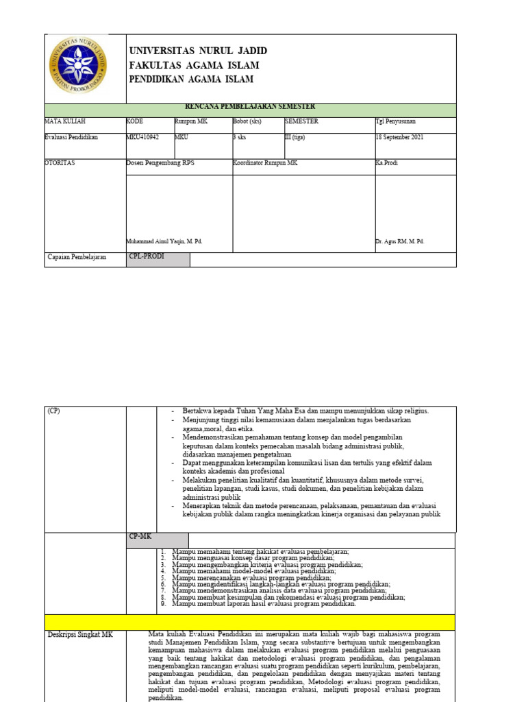 RPS Evaluasi Pendidikan | PDF